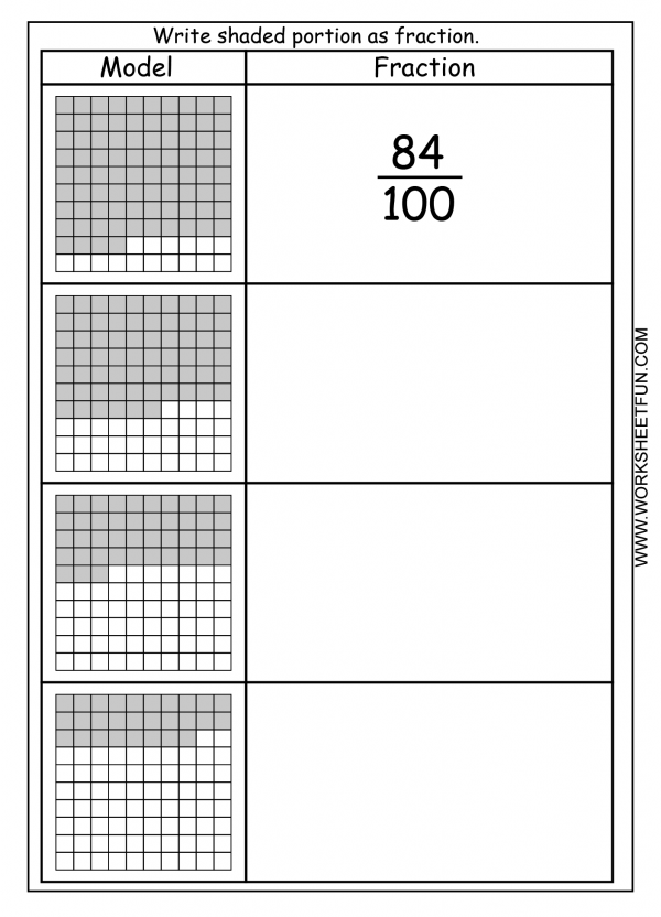 Fraction – Model – Hundredths – Four Worksheets / FREE Printable ...